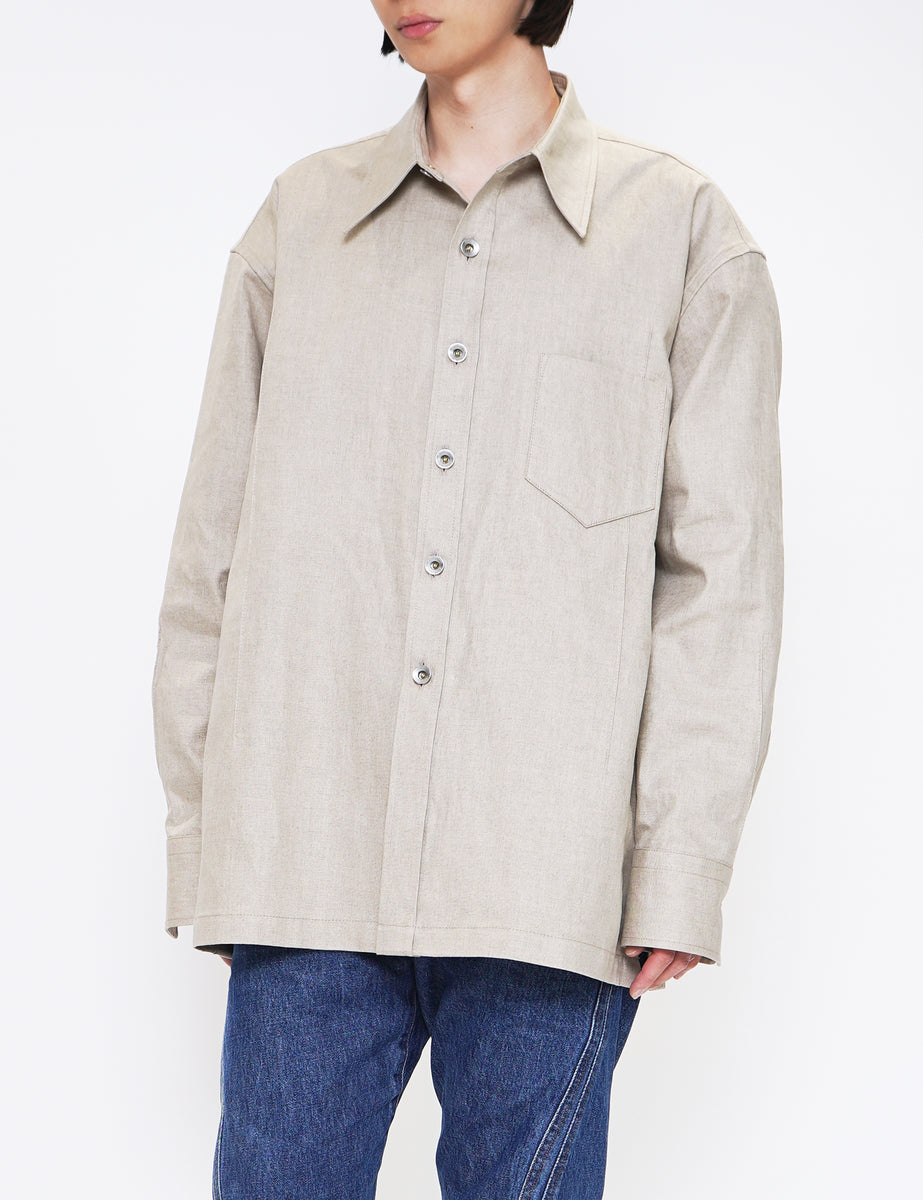KARMUEL YOUNG BEIGE LINEN PU CUBOID LONG SLEEVED OVERSHIRT – GRAPH LAYER