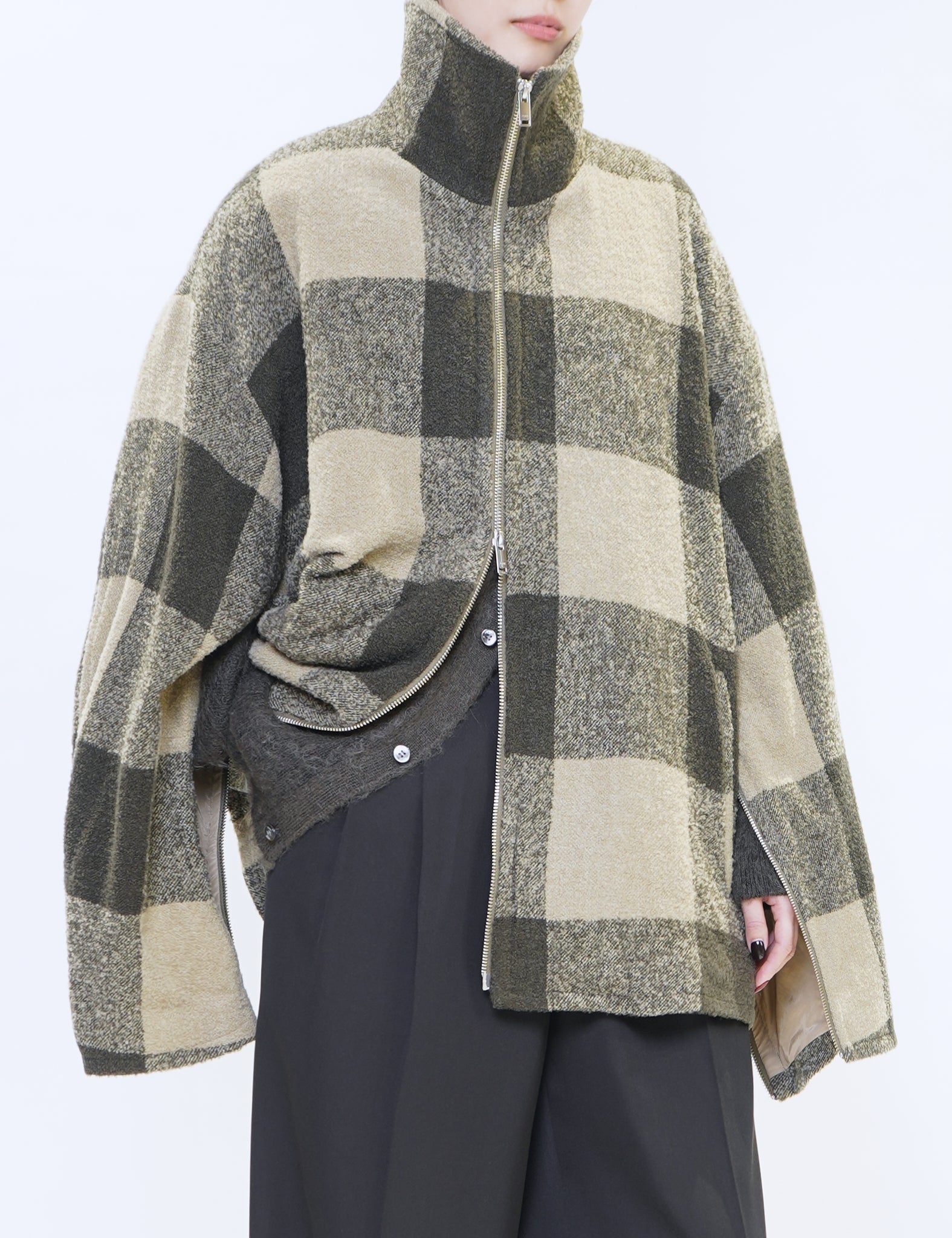 YOKE YELLOW BUFFALO PLAID STAND COLLAR ZIP BLOUSON