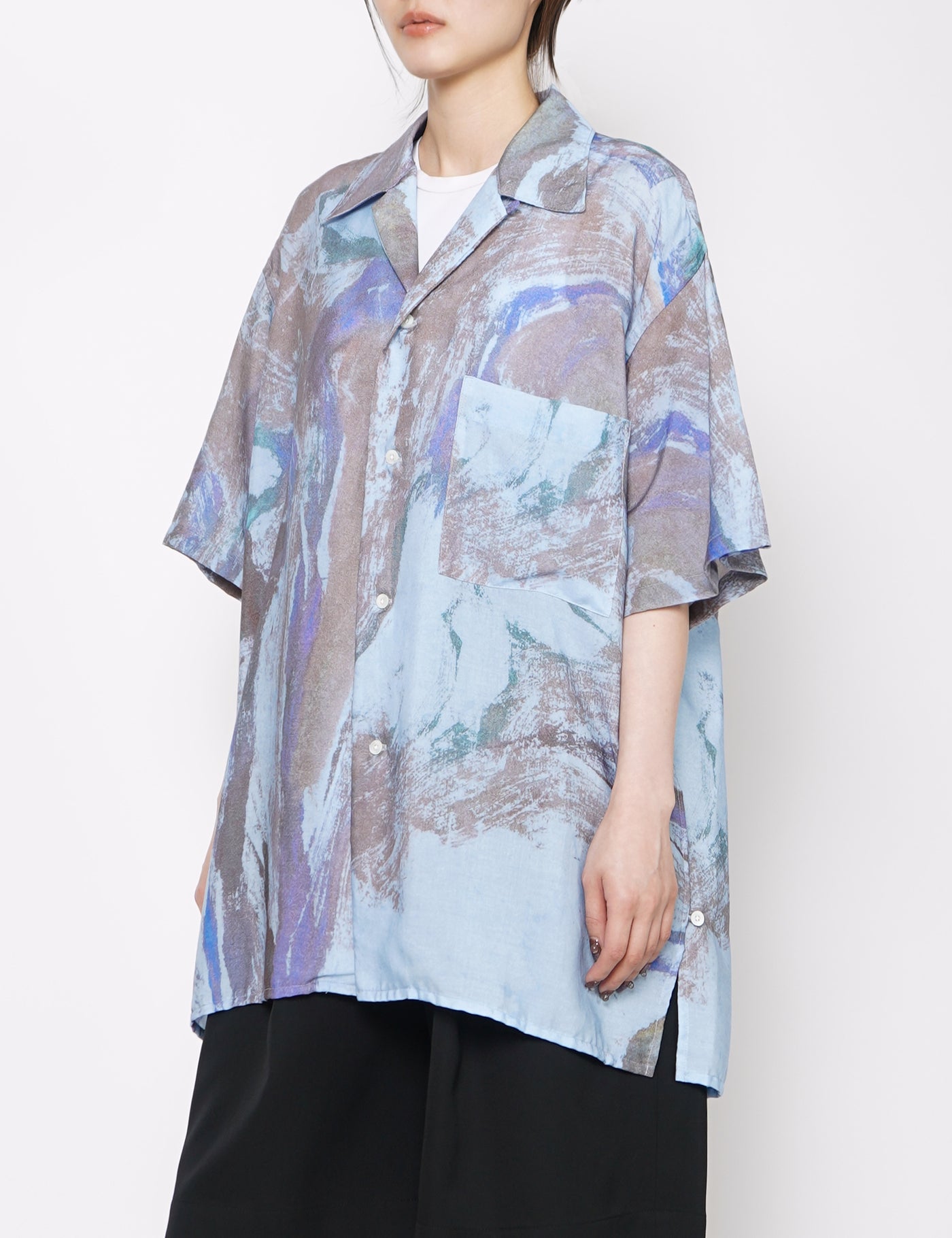 YOKE BLUE FLOWER PRINTED OPEN COLLAR SHIRT