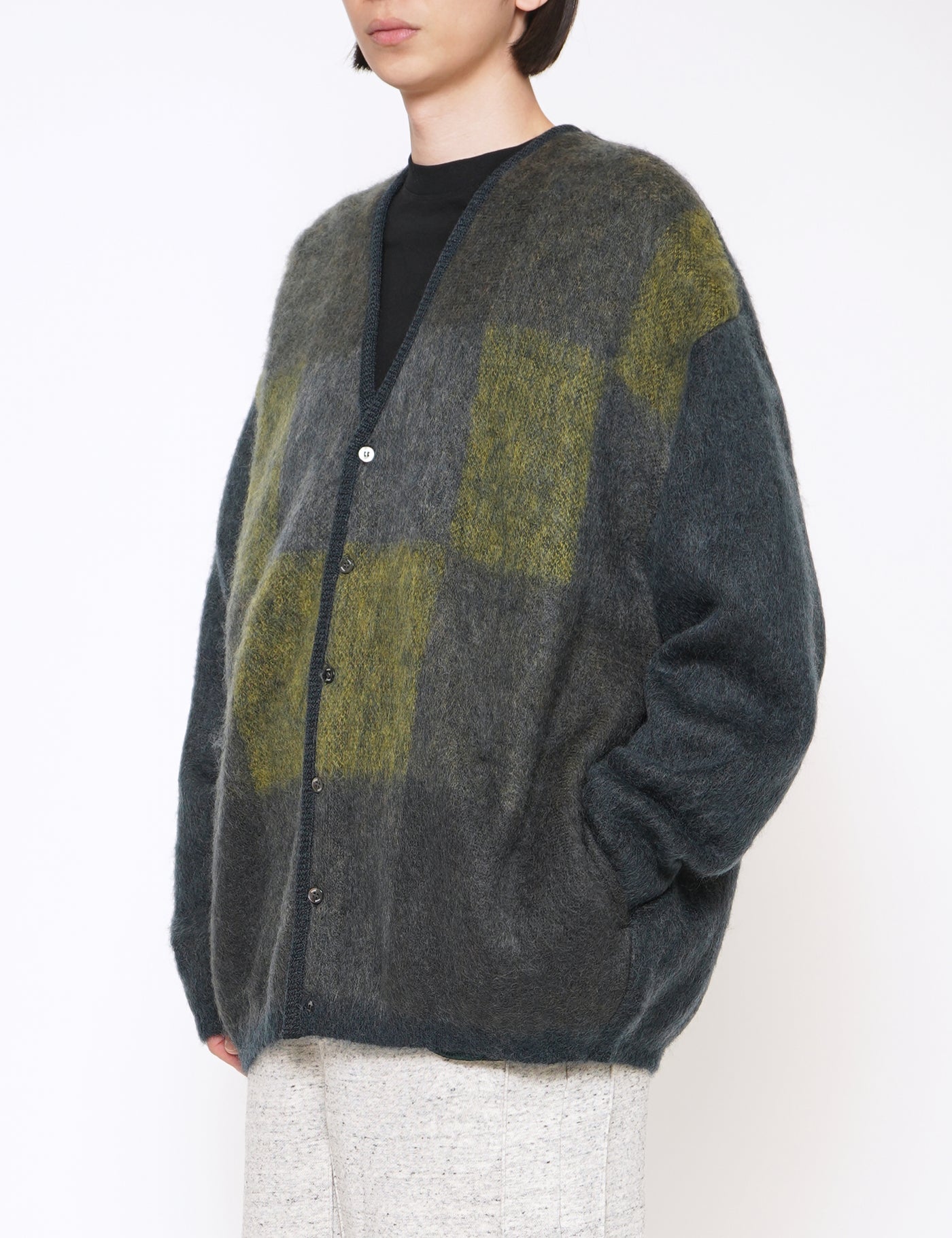 YOKE GREEN SQUARE PANEL MOHAIR CARDIGAN