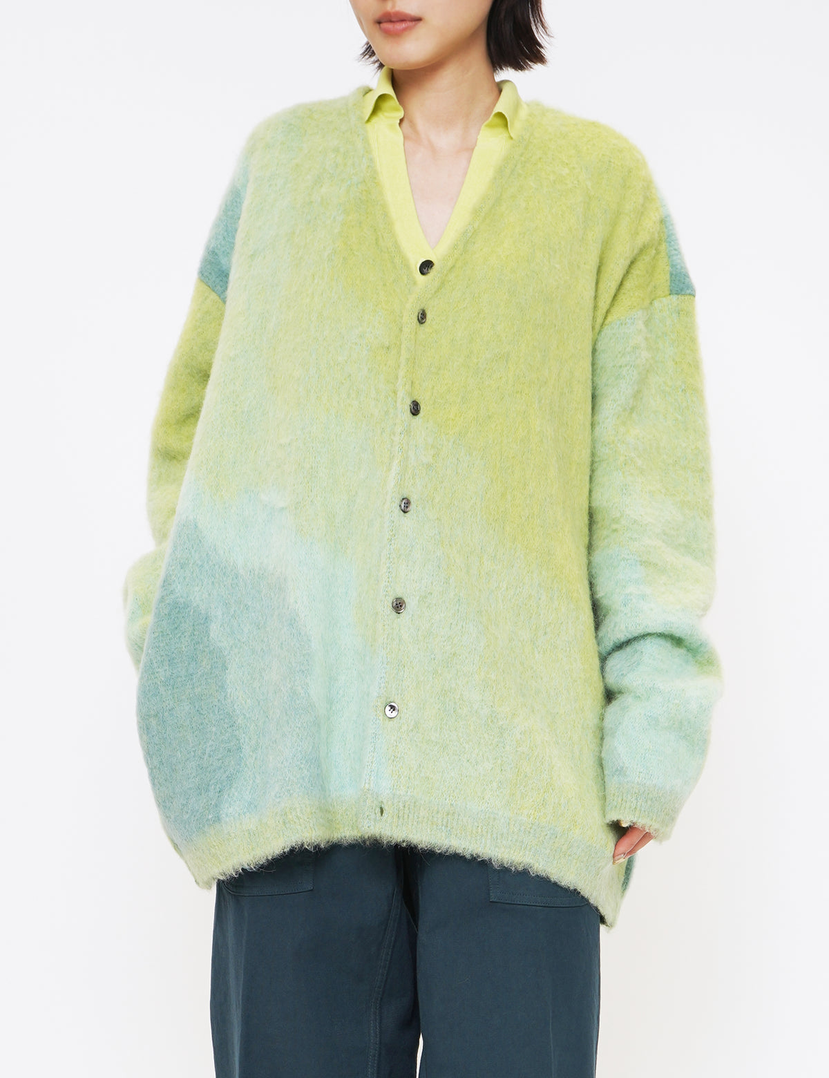 YOKE LIME YELLOW GRADATION JACQUARD CARDIGAN